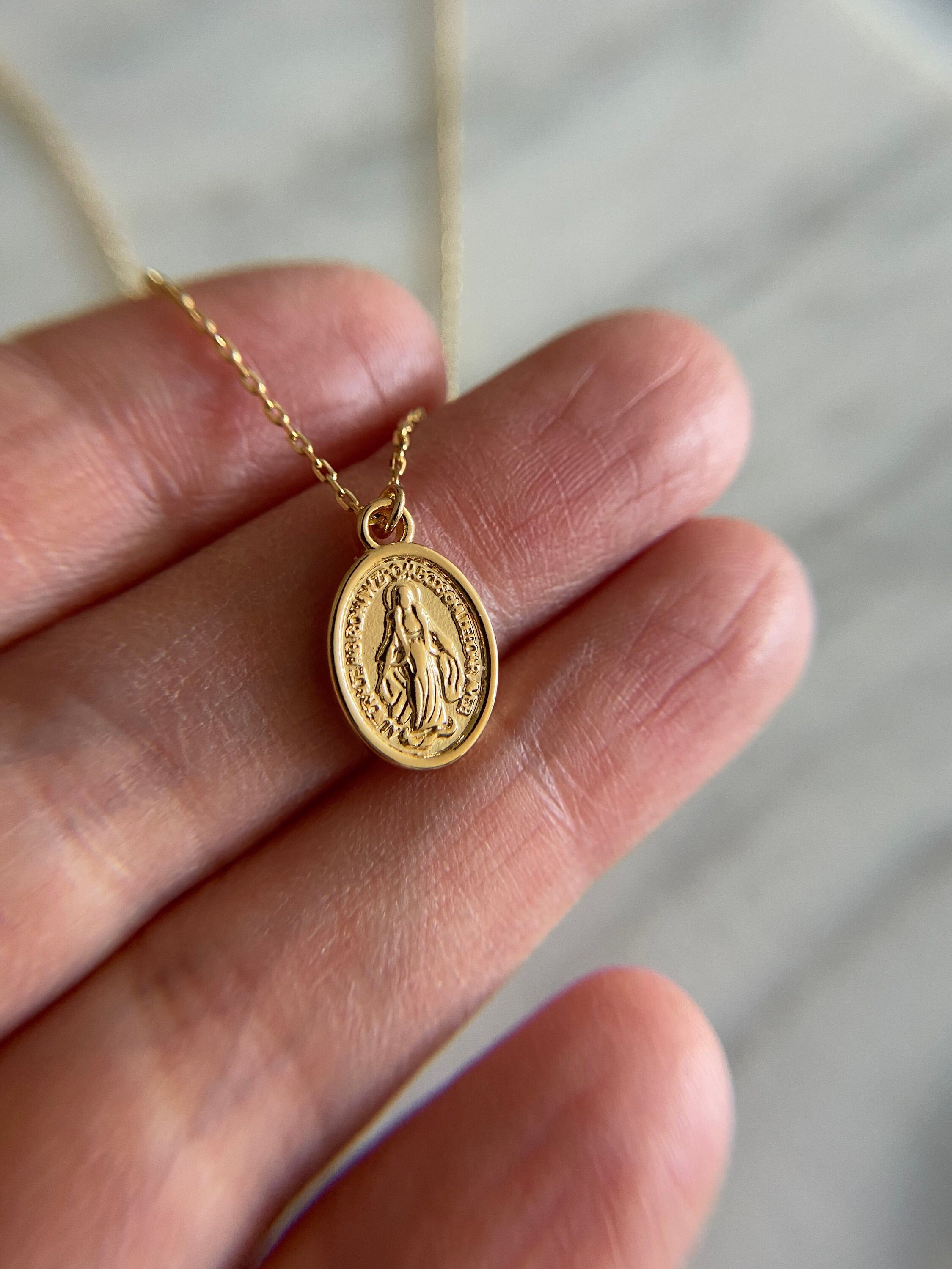 Gold Tiny Mini Virgin Mary Coin Necklace Brass Over 18K Gold Dippe - Etsy