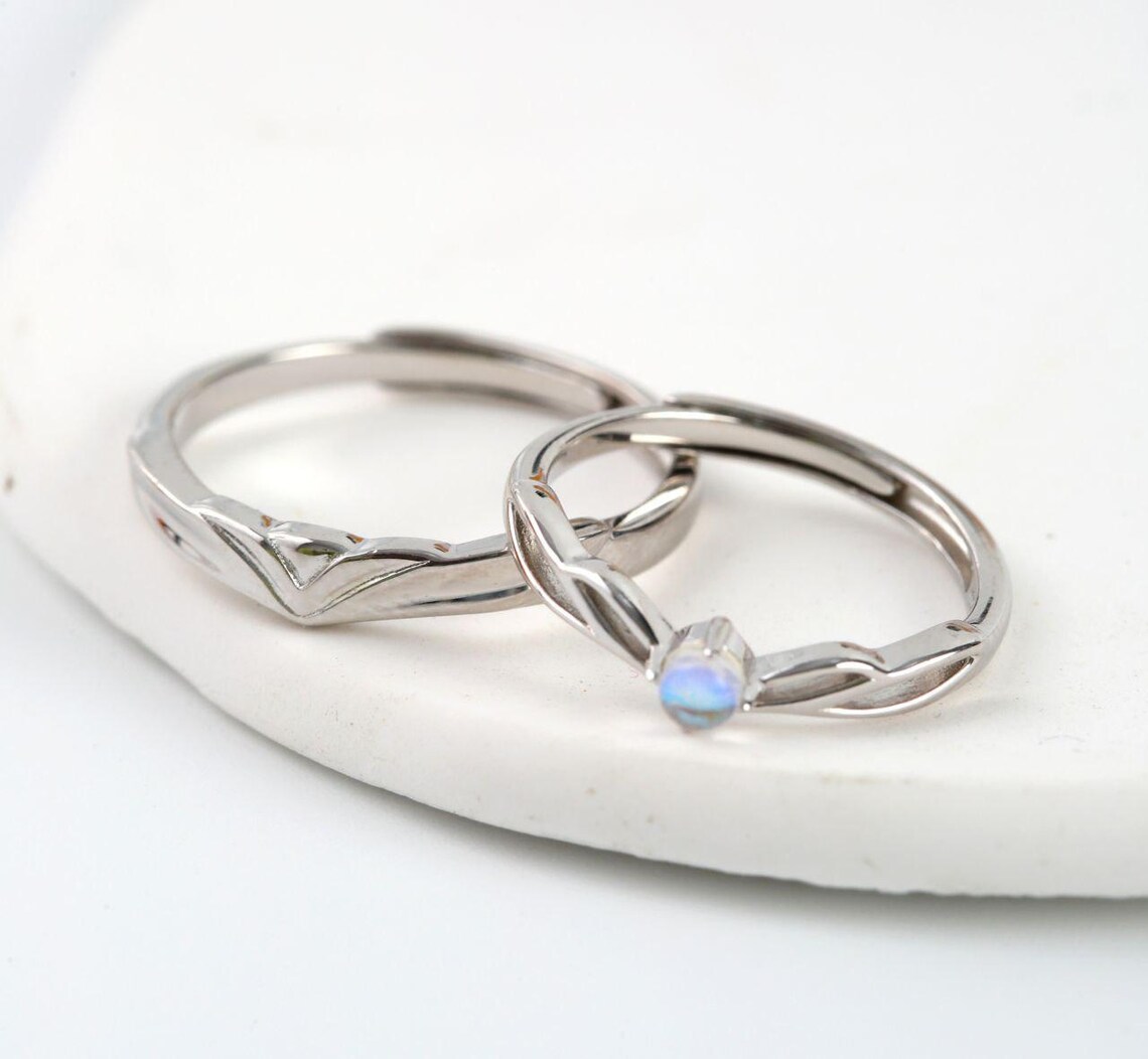 925 STERLING SILVER Princess & Knight Moonstone Matching Couple Rings ...