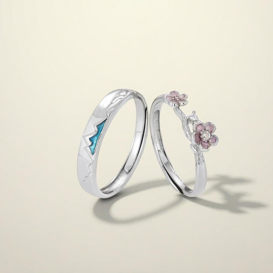925 STERLING SILVER Fuji Mountain & Sakura Couple Rings • Free Engraved ...