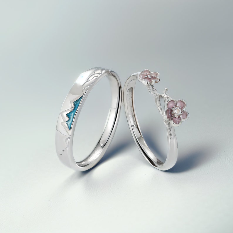 925 STERLING SILVER Fuji Mountain & Sakura Couple Rings Free Engraved Adjustable Custom Gift Non ...