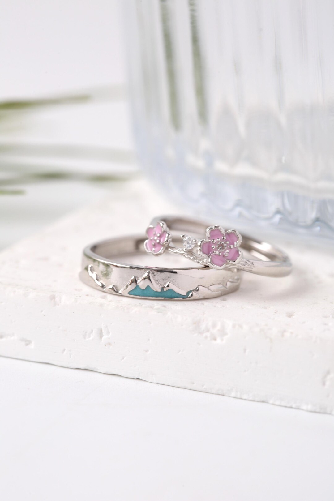 925 STERLING SILVER Fuji Mountain & Sakura Couple Rings • Free Engraved ...