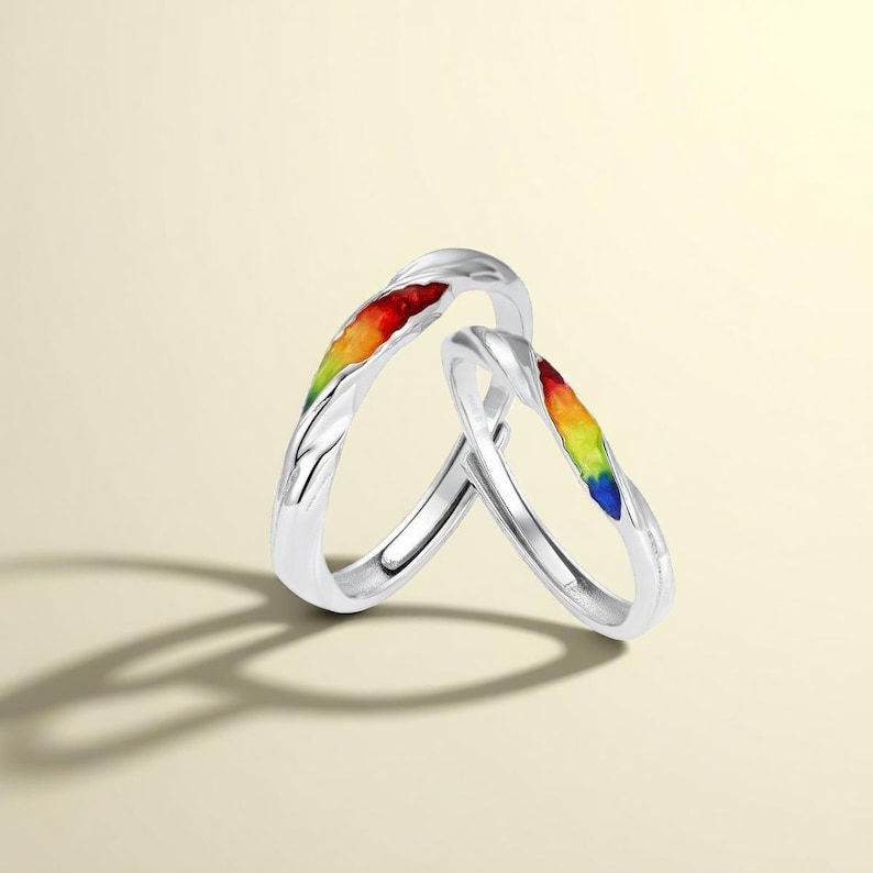 999 Sterling Silver Rainbow Matching Couple Rings – Adjustable Pride ...