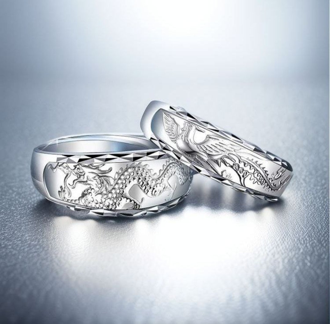 990 STERLING SILVER Carved Dragon Phoenix Wedding Band Set • Free ...