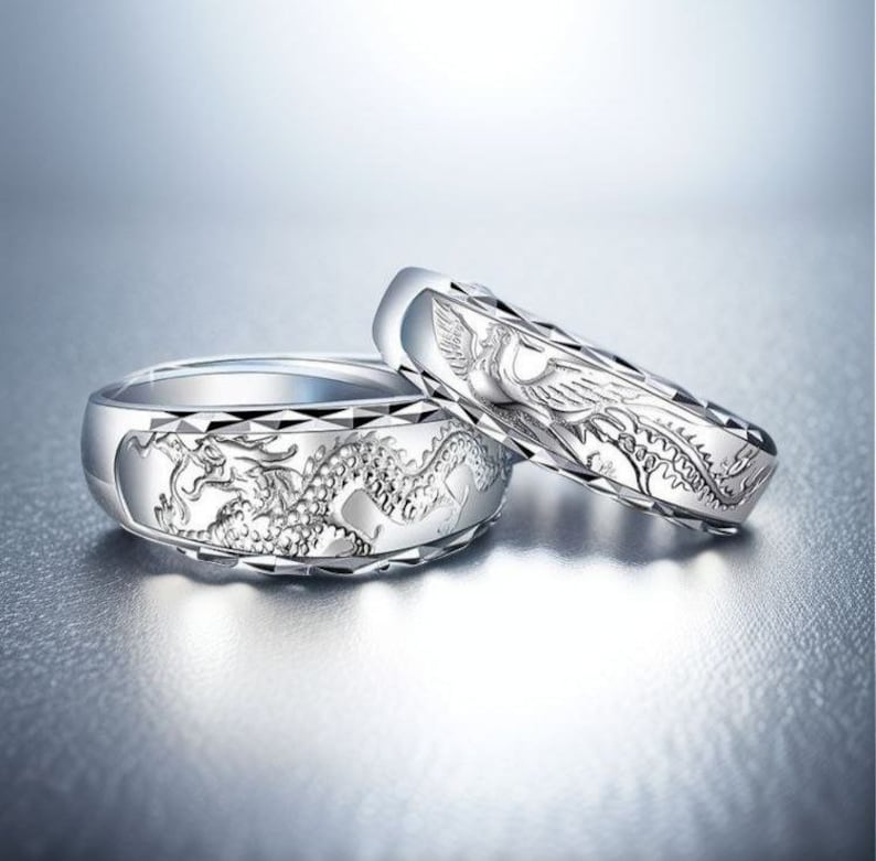 990 STERLING SILVER Carved Dragon Phoenix Wedding Band Set • Free ...