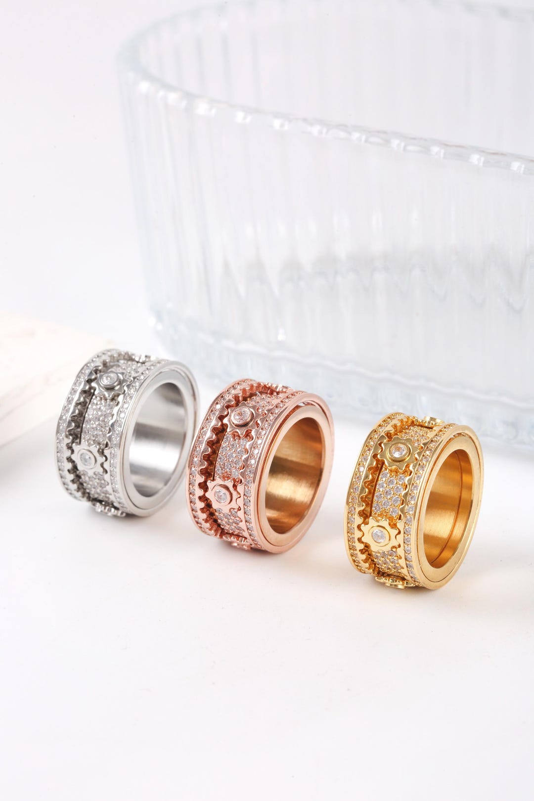 925 STERLING SILVER Cogwheel Fidget Couple Rings • Rotating Gear Ring ...