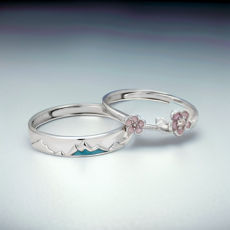 925 STERLING SILVER Fuji Mountain & Sakura Couple Rings Free Engraved ...
