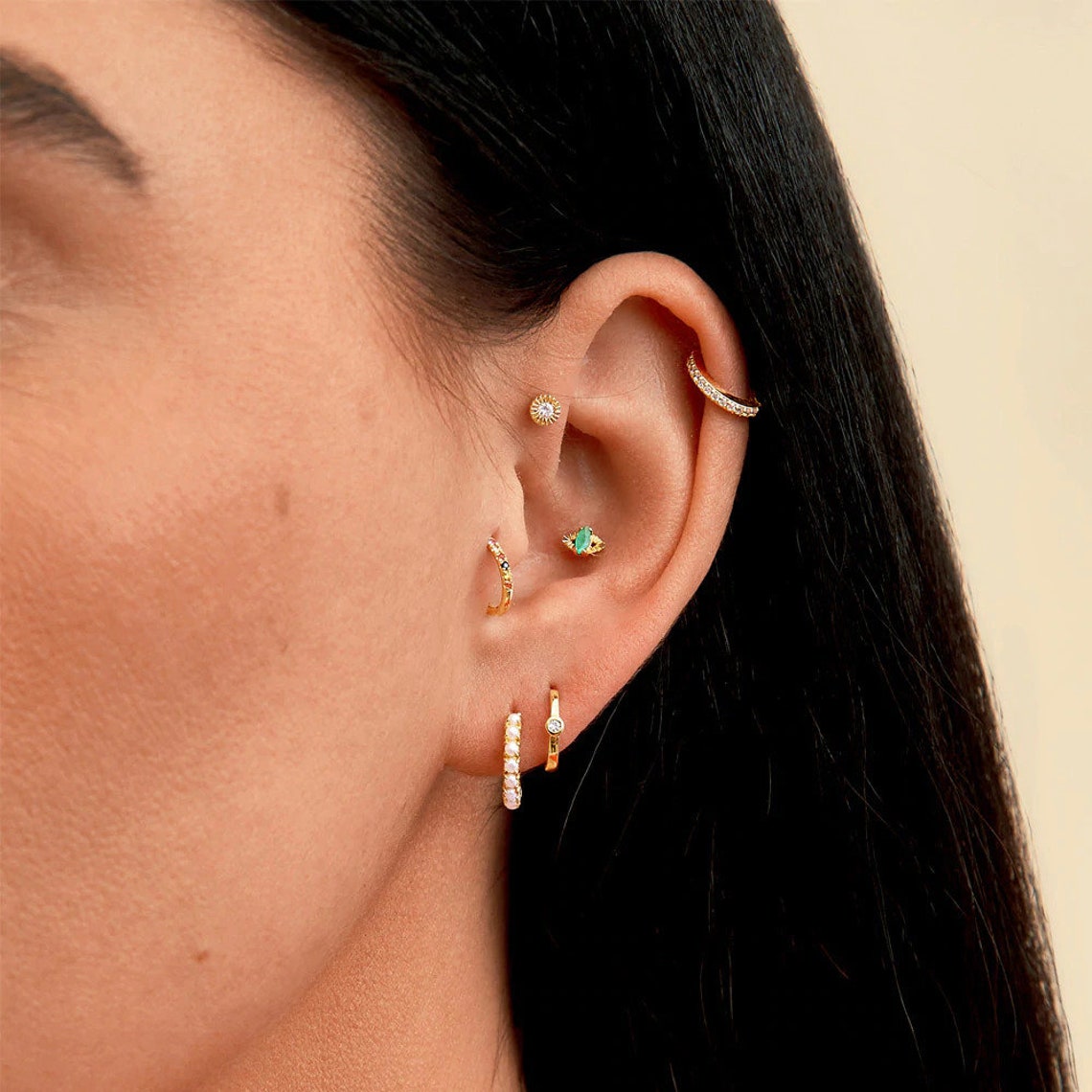 14K Gold Diamond Sun Ray Diamond Piercing Earring 14k Gold - Etsy