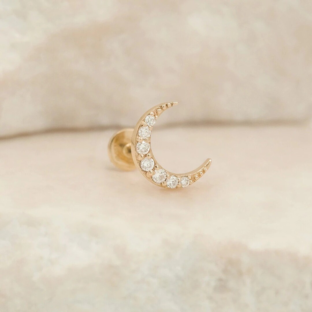14k Solid Gold Diamond Moon Studs, Moon Earrings, Moon Stud Earrings, Crescent Moon Studs, Tiny ...