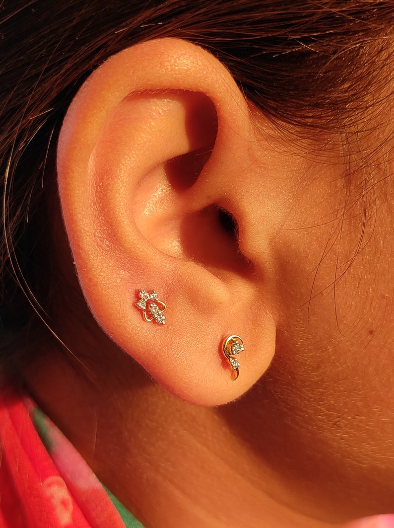 14K Gold Real Diamond Piercing Earrings, Minimal Indian Inspired Studs ...