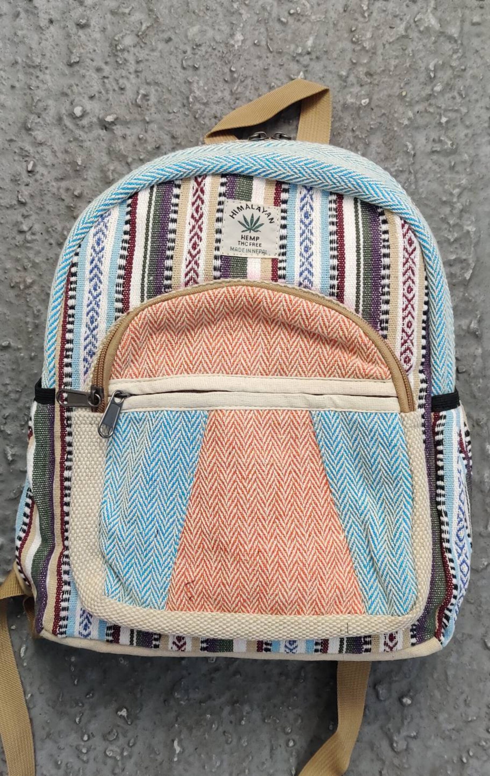 Hemp small bagpack natural multicolored for outdoor use. | Etsy