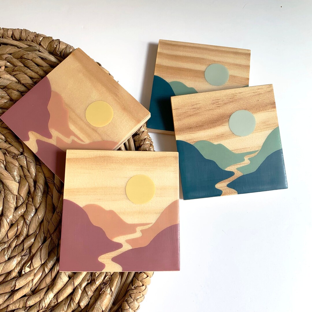 Boho Landscape Wood Coaster Set Hand Painted Traveling Nature Abstract ...