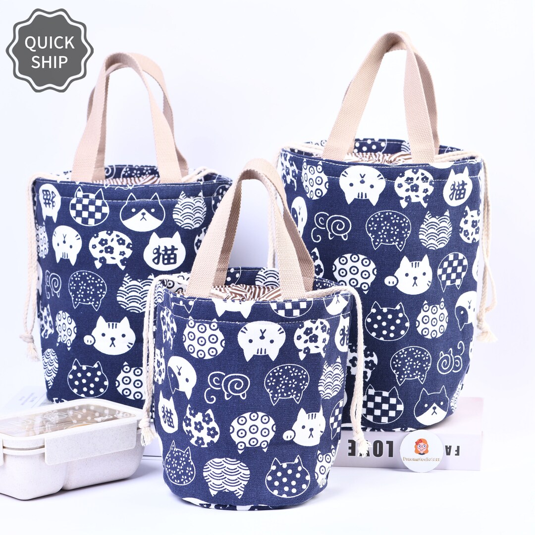 Canvas Drawstring Lunch Bag Japanese Cat,tote Bag, Insulation Lunch Bag ...