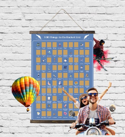 100 cosas que hacer Póster Scratch Bucket List con percha de madera ...