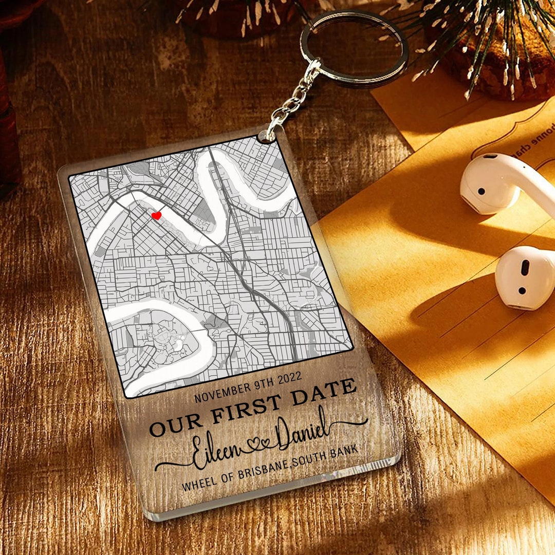 Personalized Acrylic Map Our First Date Keychain, Anniversary Gift ...