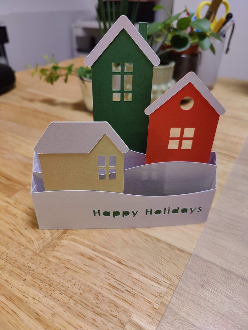 Happy Holidays Houses Card | 3D Papercut SVG Card Cut File | Cricut DIY ...