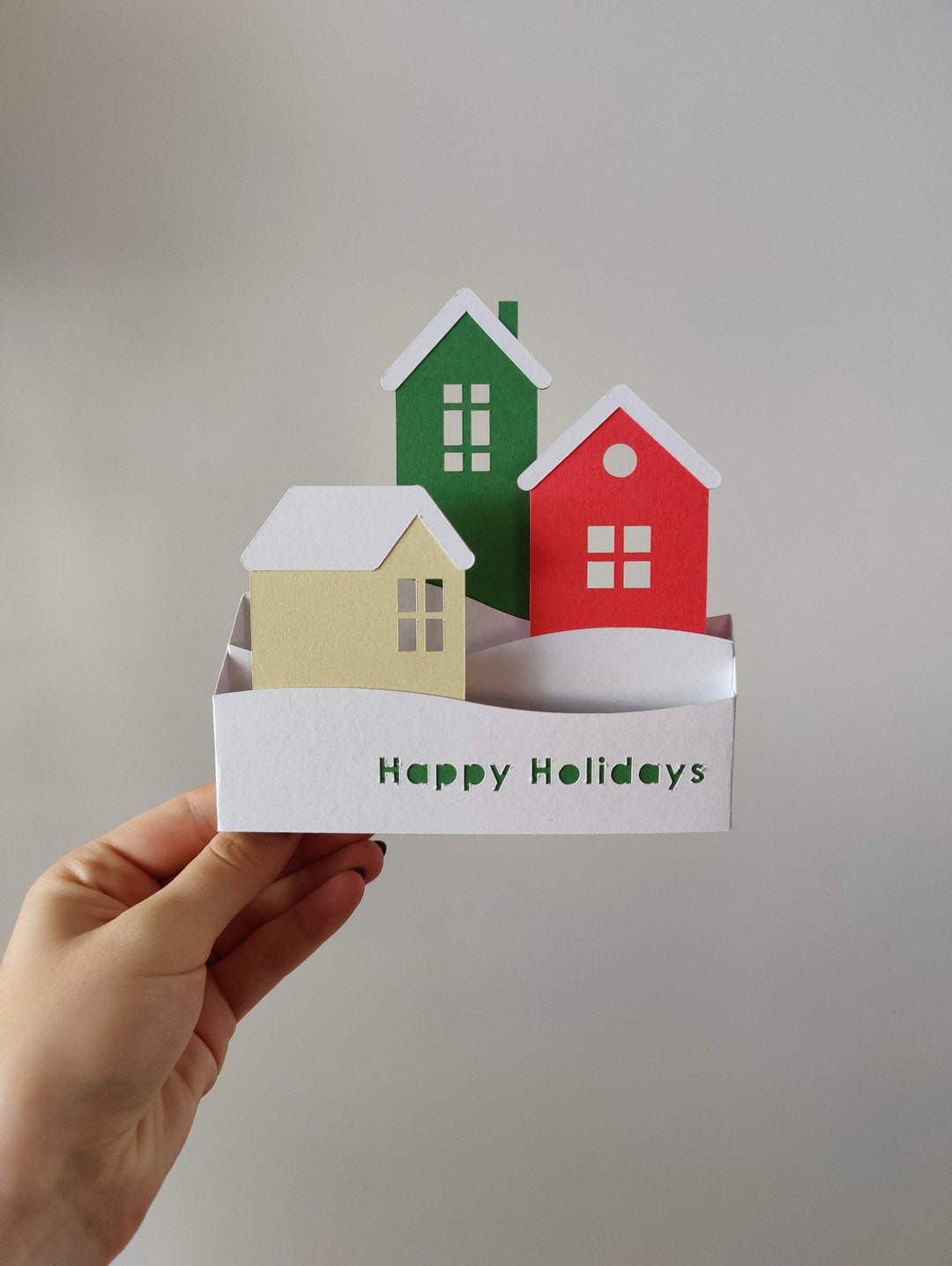 Happy Holidays Houses Card | 3D Papercut SVG Card Cut File | Cricut DIY ...