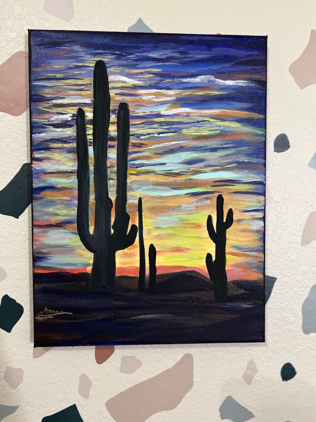 Sonoran Desert Sunset Acrylic Painting: Arizona Cactus Landscape, 10x8 ...