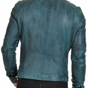 Men's Biker Vintage Distress Teal Cafe Racer Genuine Leather Jacket ...
