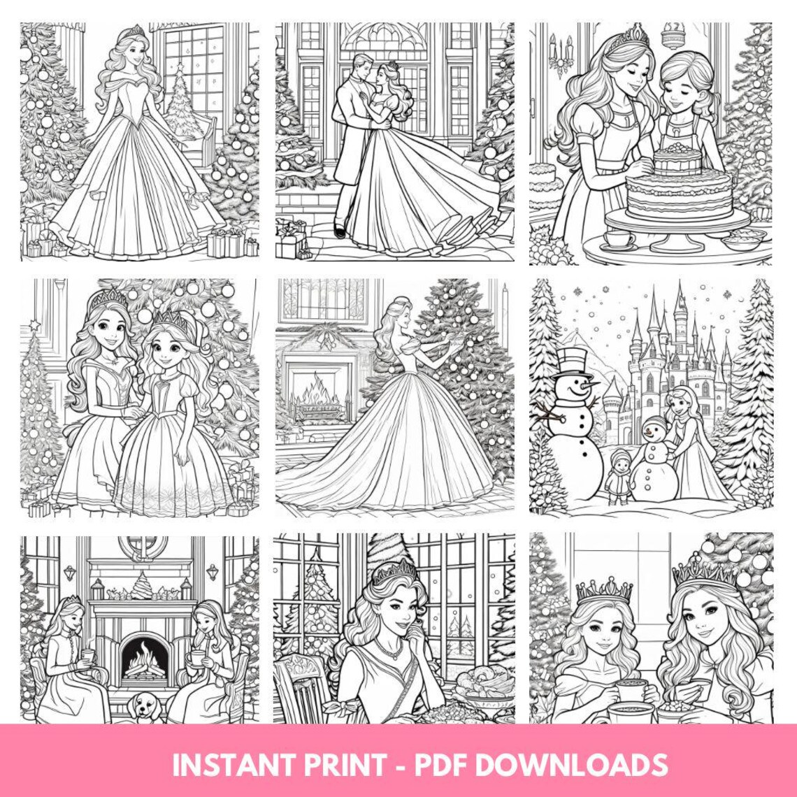 Christmas Princess Coloring Sheets Printable Holiday Activity for Kids ...