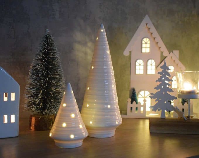 Ceramic Ribbed Christmas Tree Decoration - Light up Xmas Tree - Etsy UK