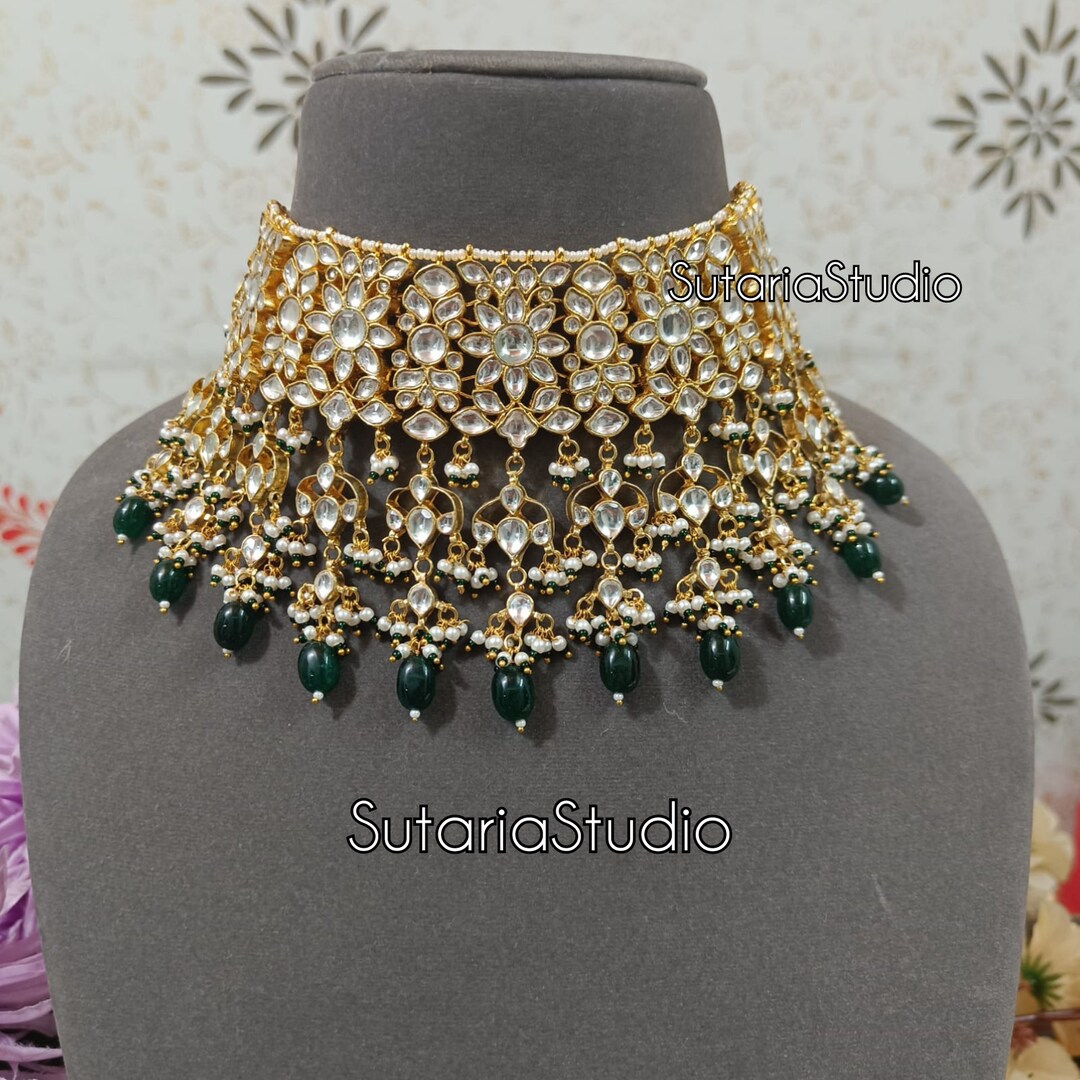 Pre-order Sabyasachi Inspired Bridal Jewellery, Green Pachi Kundan Bridal Set, Designer Indian ...