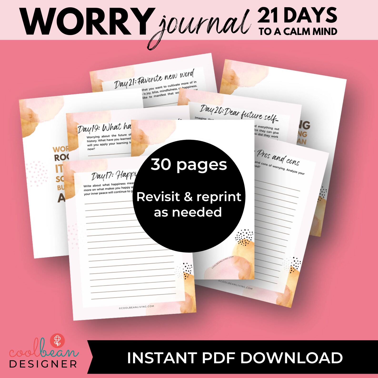 Worry Journal Anxiety Relief Printable Wellness and Mind Calming 21 Day ...