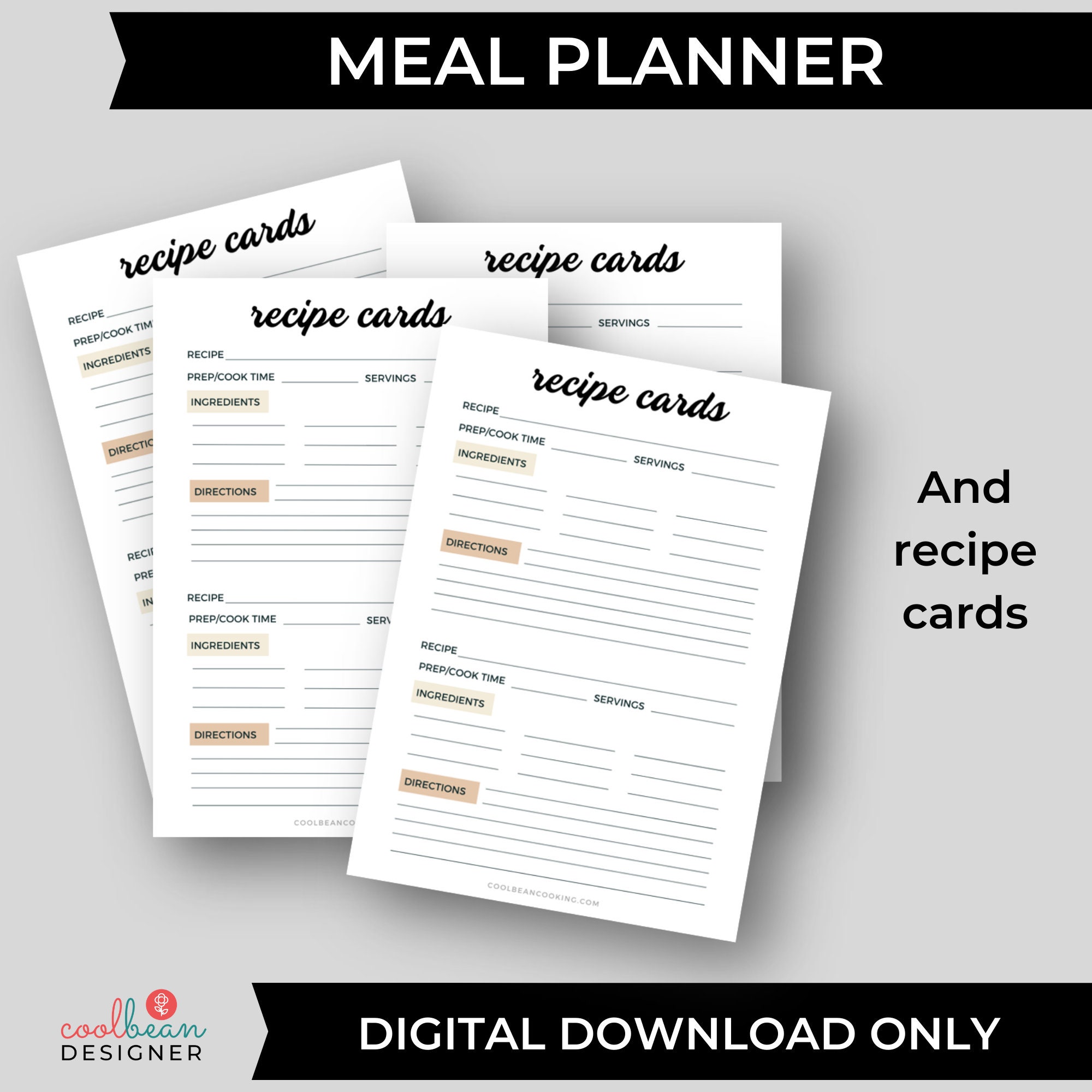 Printable Meal Planning, Grocery List and Recipe Cards Weekly Menu ...