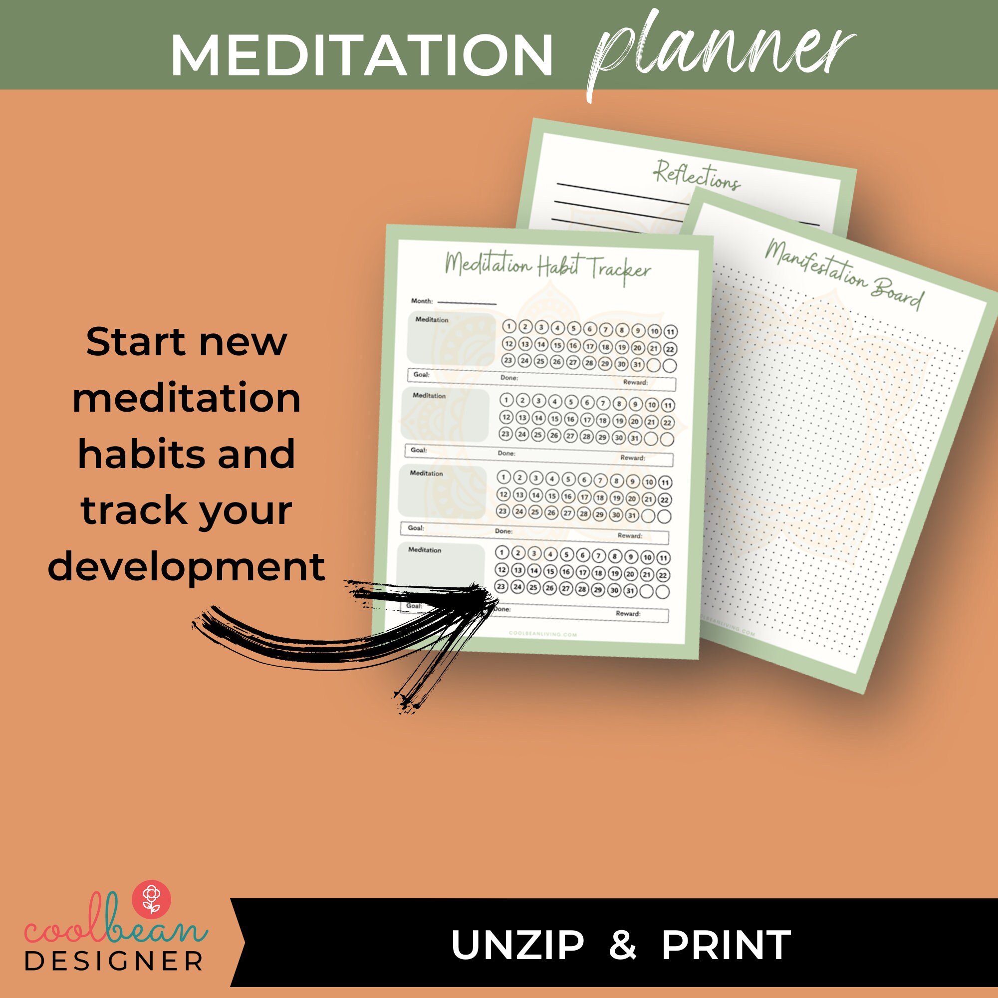 Meditation Planner | Printable Daily Mindfulness Diary | Wellness ...