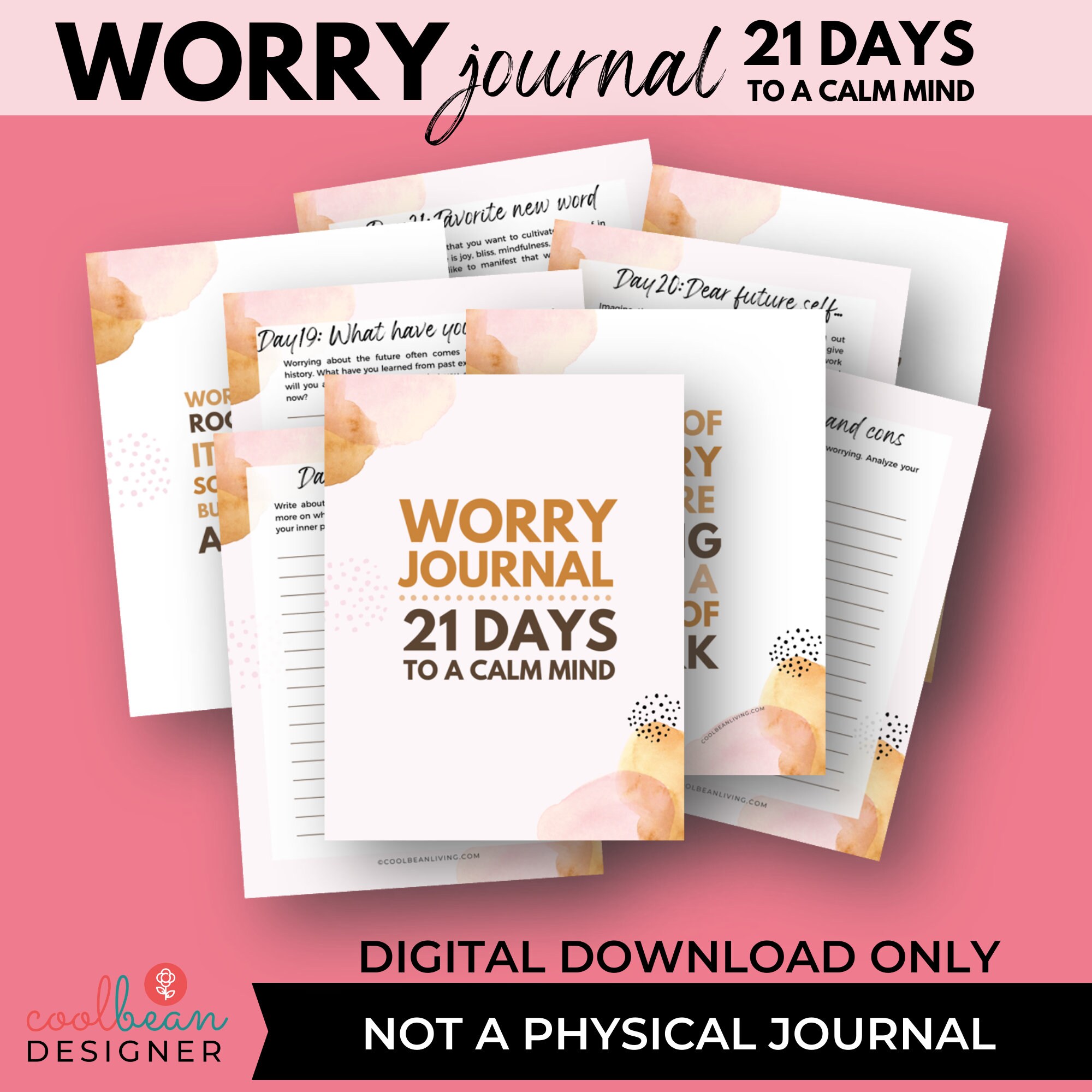 Worry Journal Anxiety Relief Printable Wellness and Mind Calming 21 Day ...