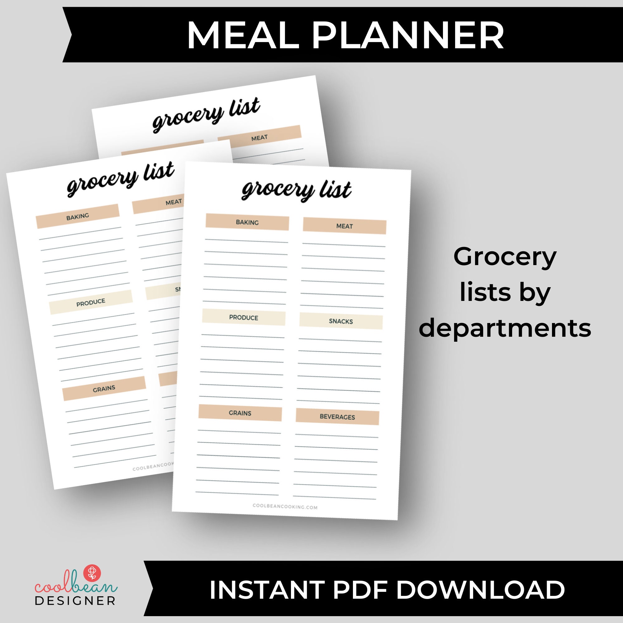 Printable Meal Planning, Grocery List and Recipe Cards Weekly Menu ...