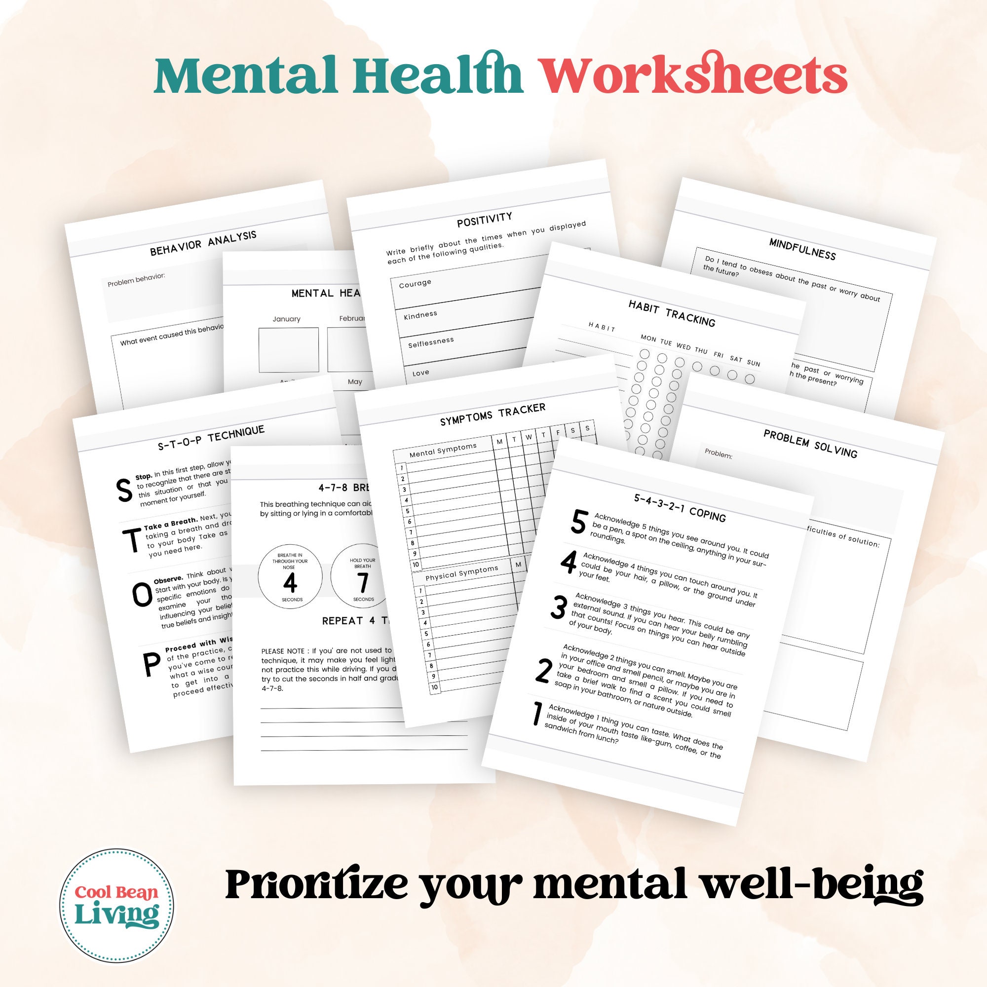 Mental Health Worksheets Coping Skills and Anxiety Tracking Workbook ...