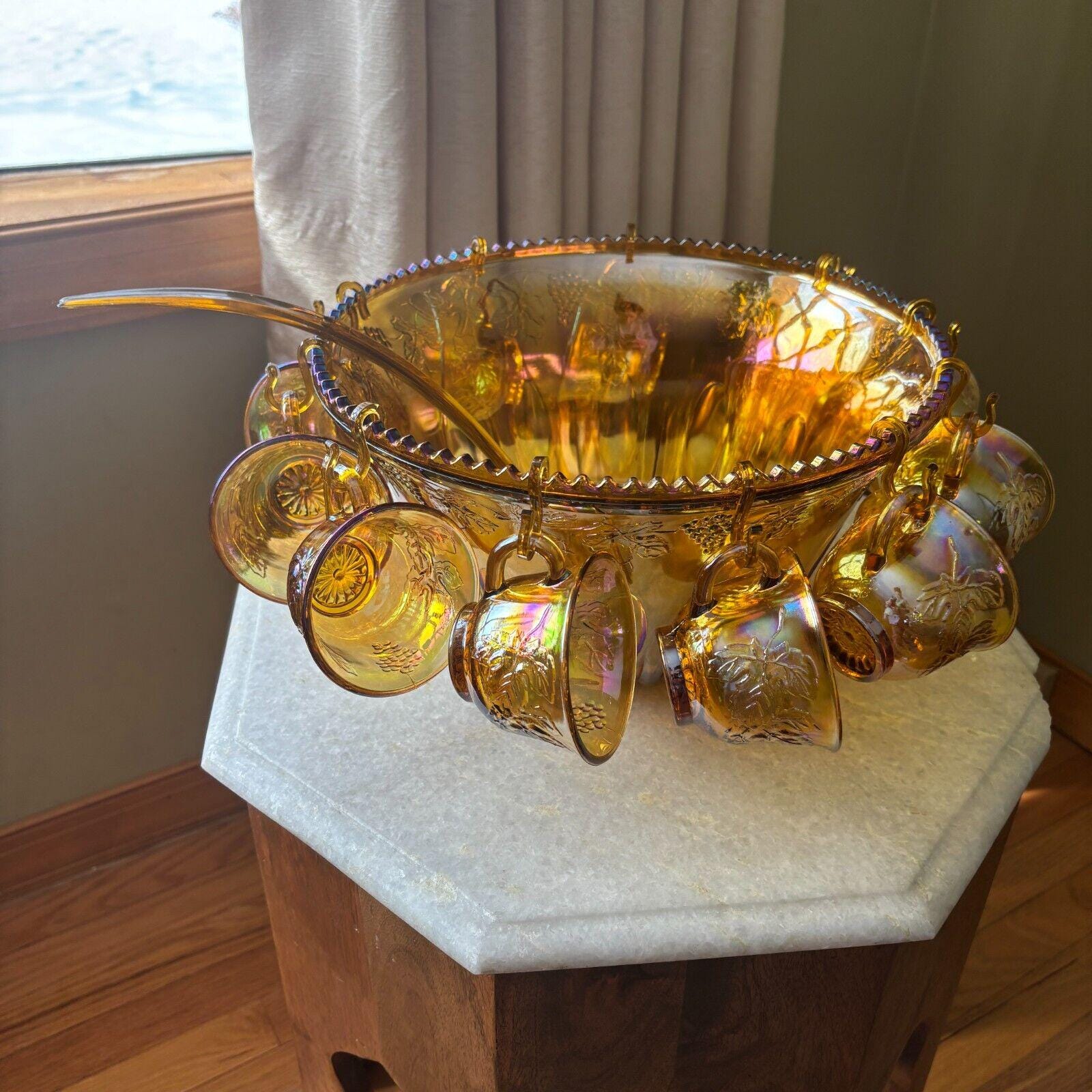 Vintage Amber Princess Carnival Glass Punch Bowl by Indiana Glass 1970s ...