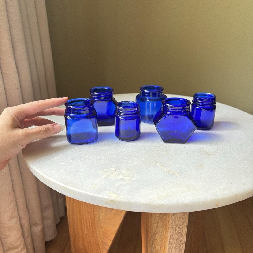 Set of Six Vintage Cobalt Blue Glass Apothecary Oddity Jars Floral ...