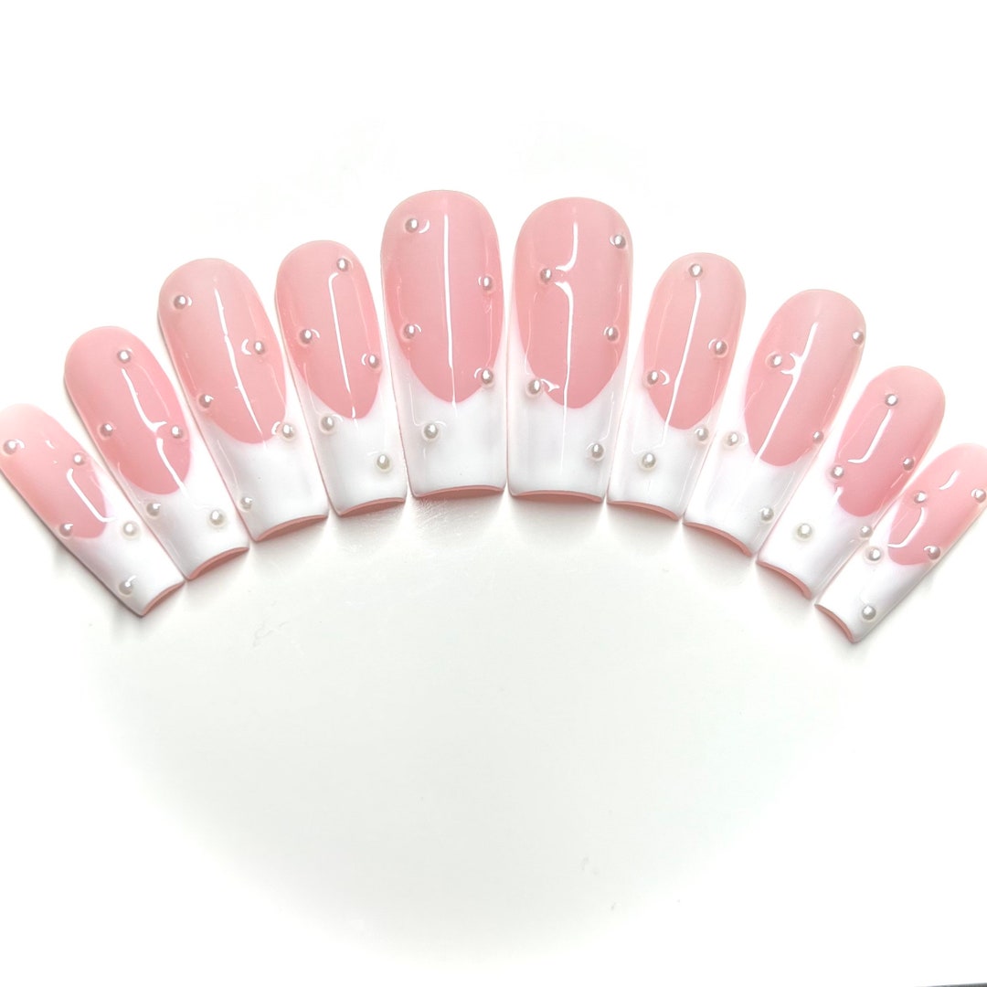 Elegant Pearl French Manicure W/ Natural Pink Base Press on Nails - Etsy