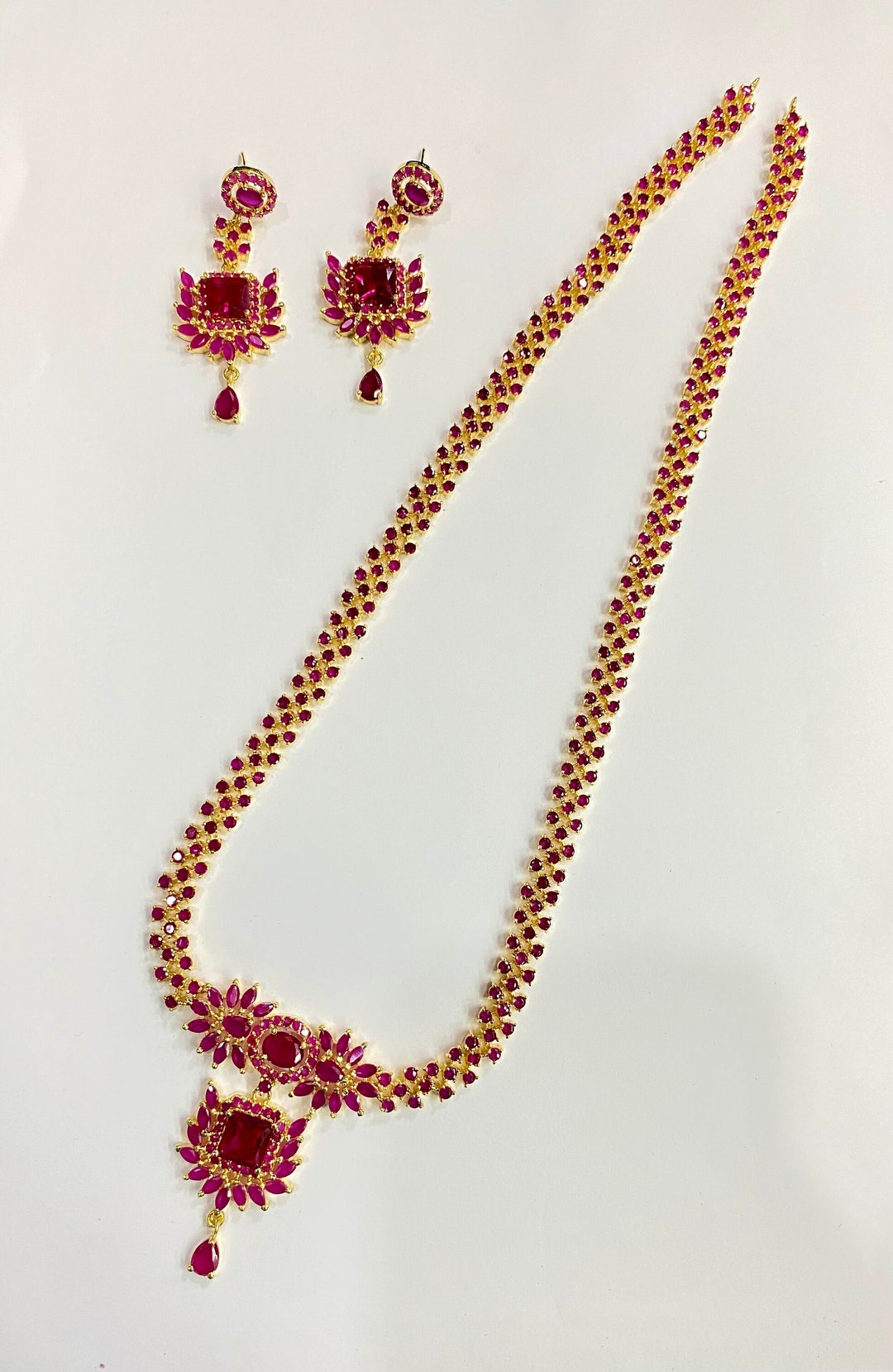 22k Gold Plated Long Ruby Necklace Set: South Indian Haar Bollywood ...