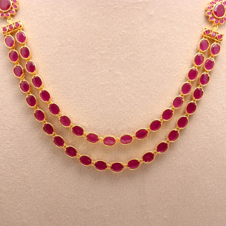 2 Layer Ruby Necklace, Layered Red Gemstone Necklace, 22K Gold Plated ...