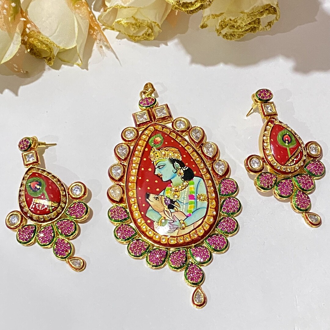 Krishna Locket Set, Kundan Locket, Lord Krishna Hand Painted Pendent ...