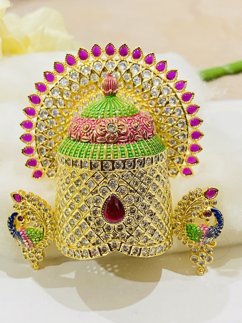 22k Gold Plated Tirupati Balaji Crown: Ruby & Solitaire Stone Work ...