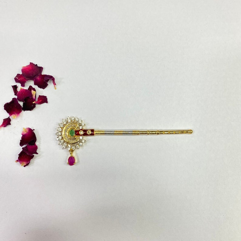 22k Gold Plated Krishna Flute CZ Stone & Peacock Design | Peacock ...