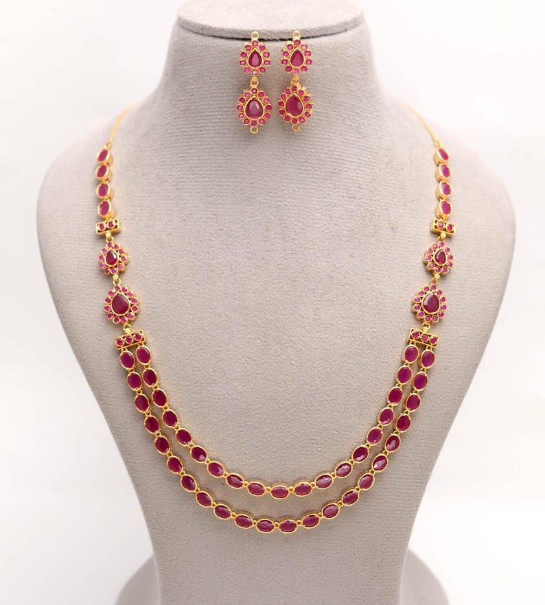 2 Layer Ruby Necklace, Layered Red Gemstone Necklace, 22K Gold Plated ...