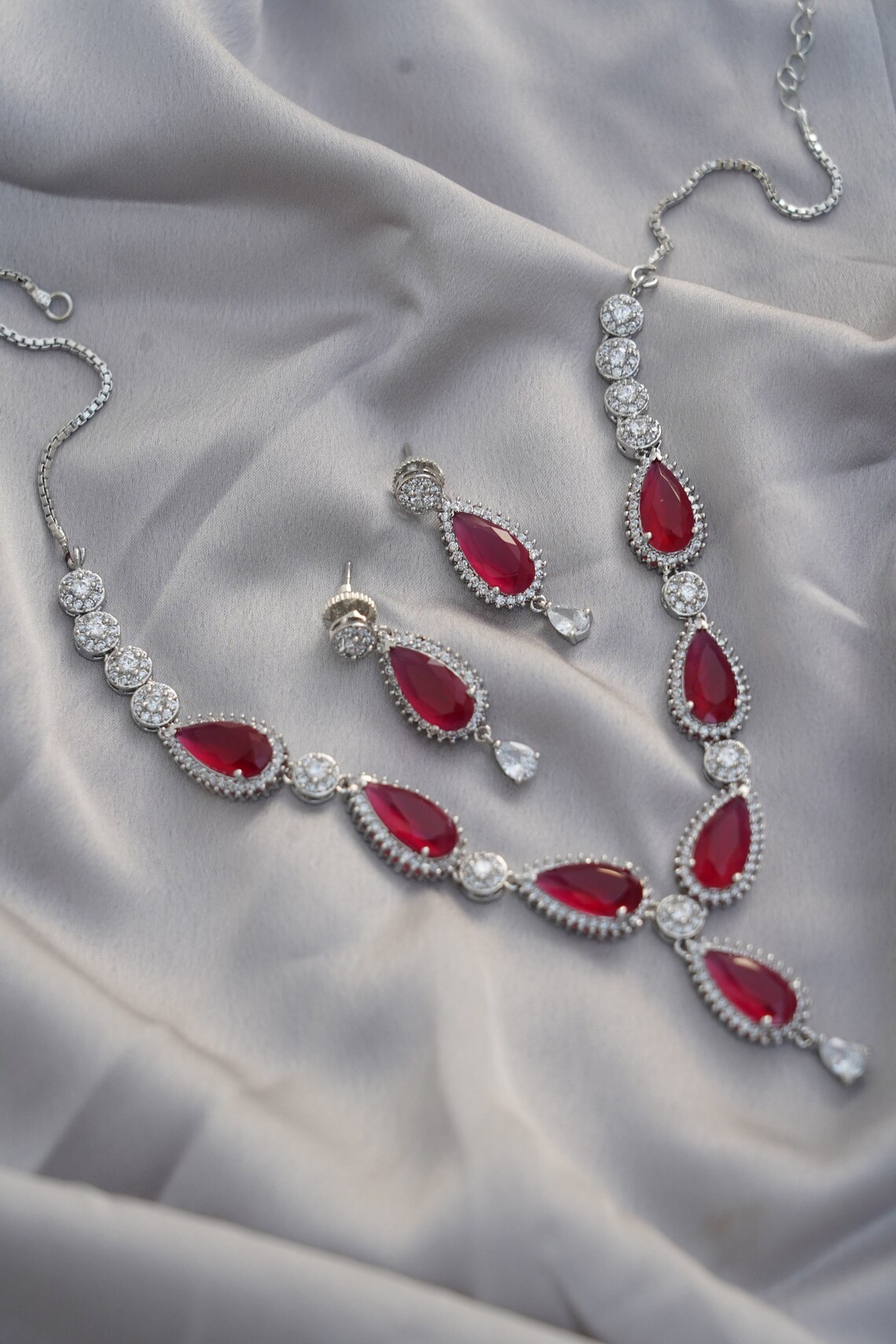 Ruby Necklace Set | 18K White Gold Plated Bridal Jewelry | Teardrop ...