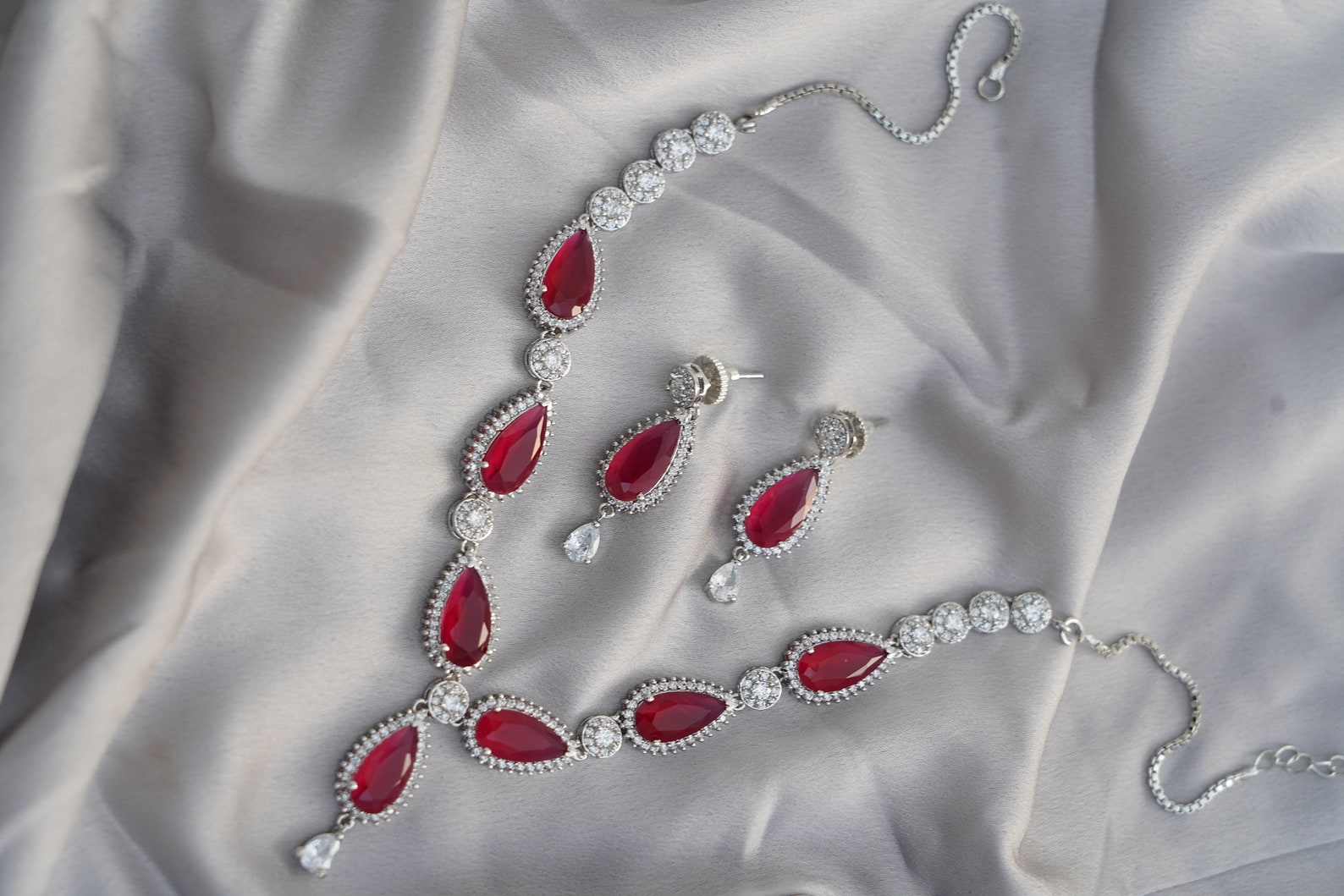 Ruby Necklace Set | 18K White Gold Plated Bridal Jewelry | Teardrop ...