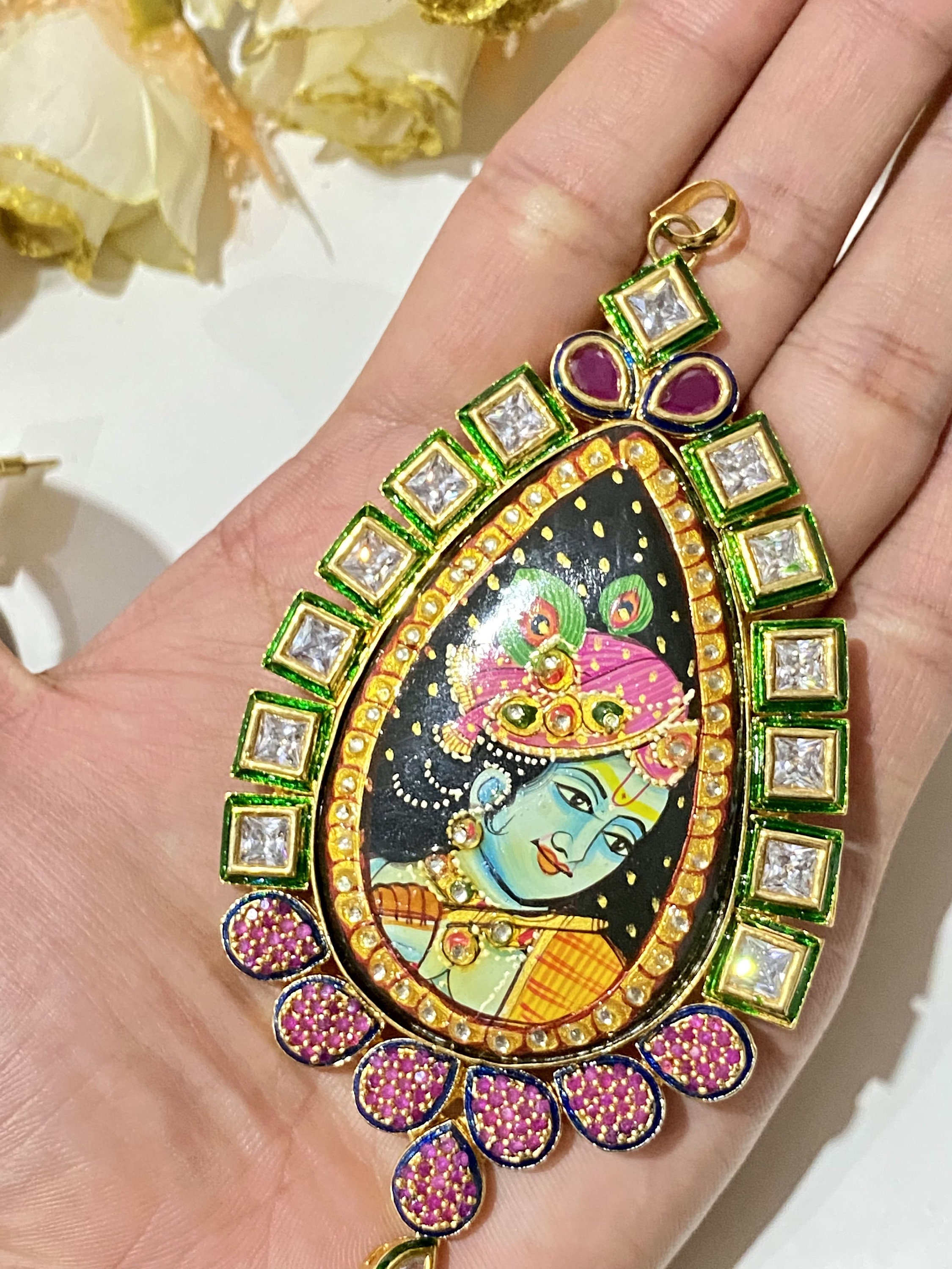 Krishna Locket Set Kundan Locket Lord Krishna Hand Painted - Etsy