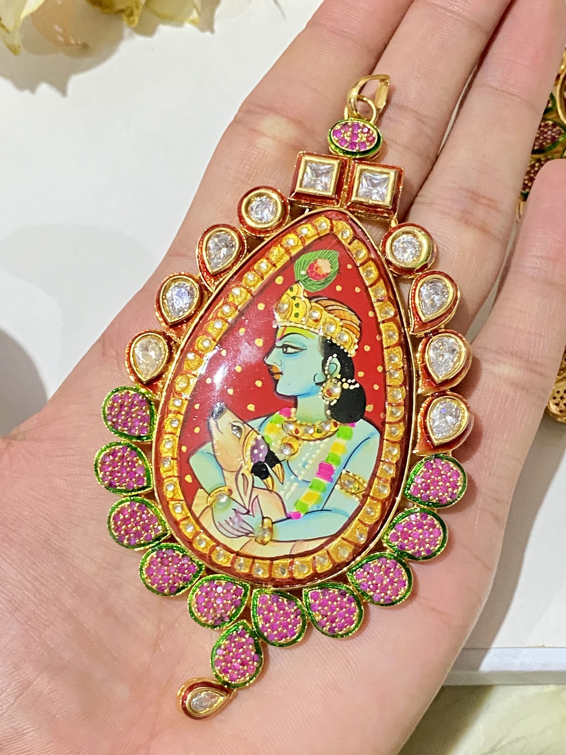 Krishna Locket Set Kundan Locket Lord Krishna Hand Painted - Etsy