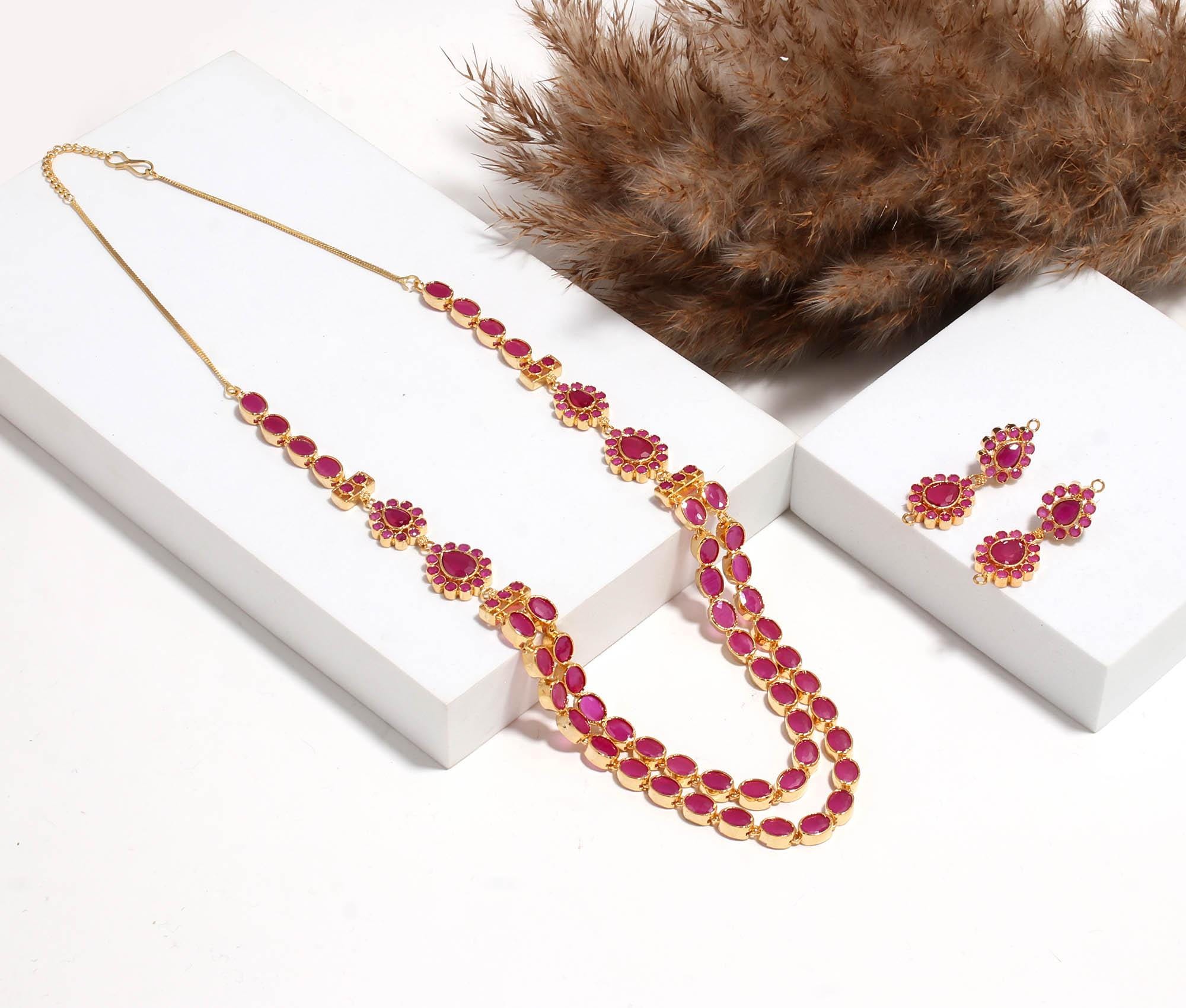 2 Layer Ruby Necklace, Layered Red Gemstone Necklace, 22K Gold Plated ...