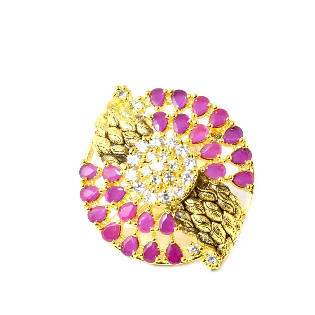Ruby & CZ Diamond Gold Plated Ring: Adjustable Statement Wedding Ring ...
