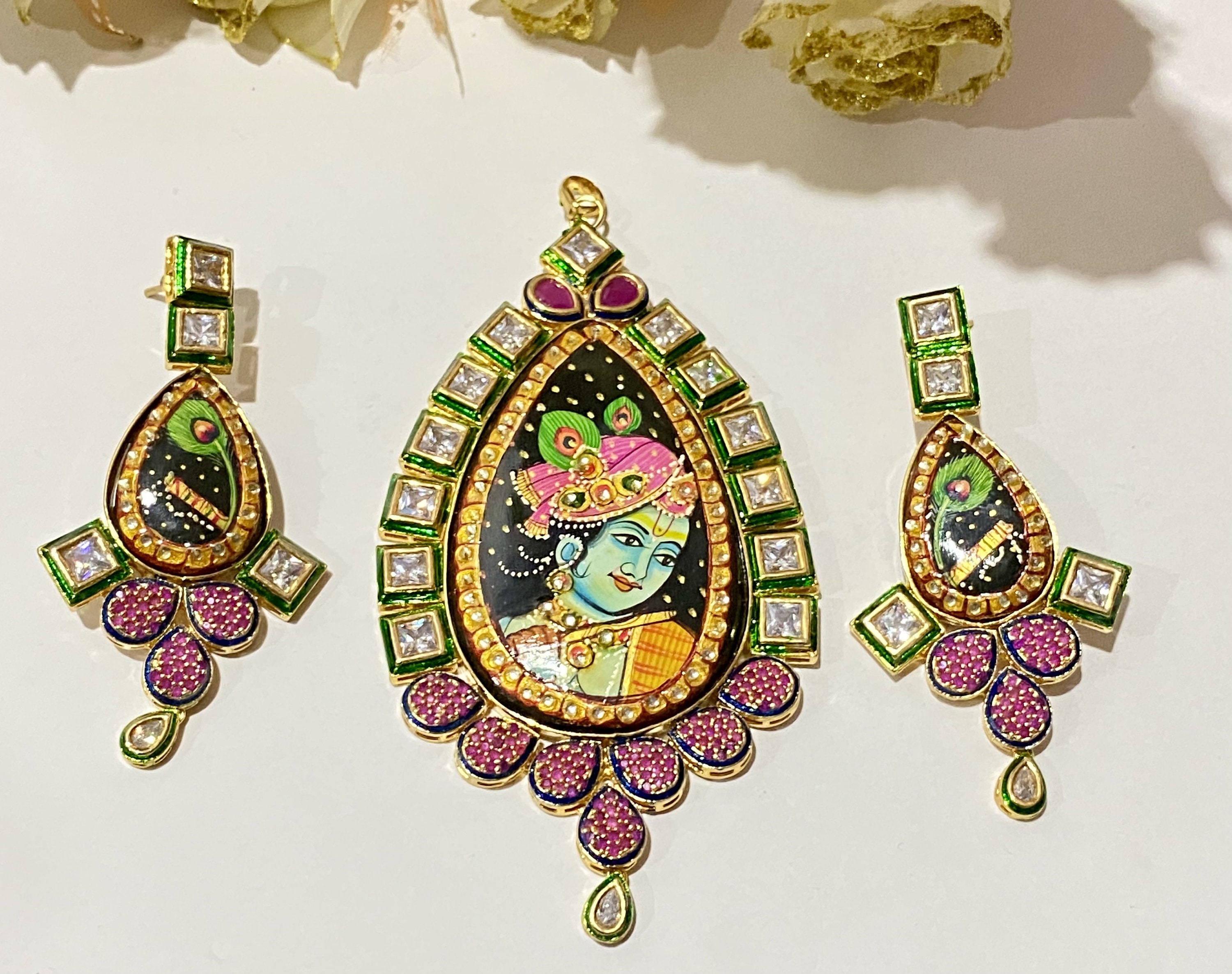Krishna Locket Set Kundan Locket Lord Krishna Hand Painted - Etsy