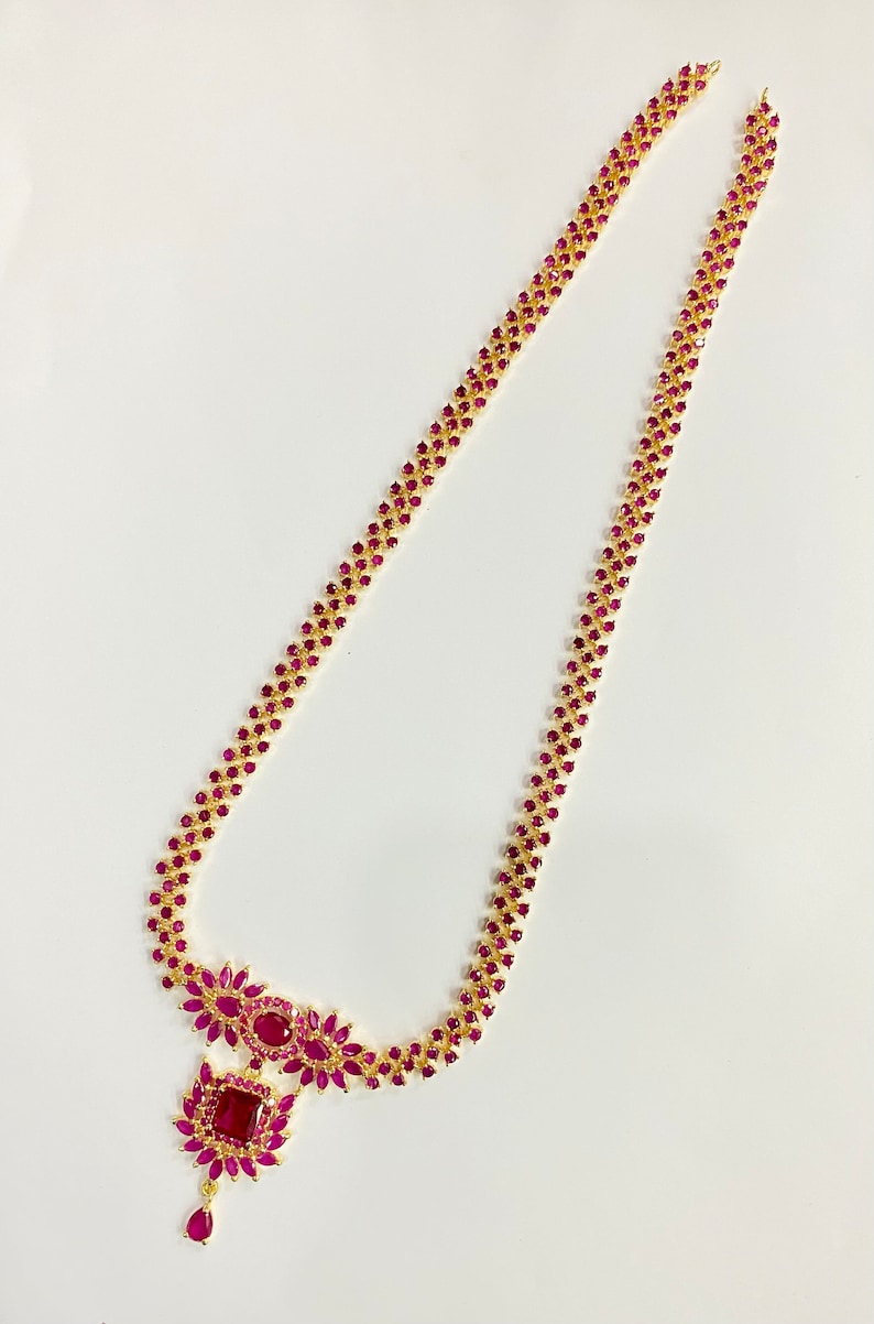 22k Gold Plated Long Ruby Weeding Necklace Set, South Indian Bride ...