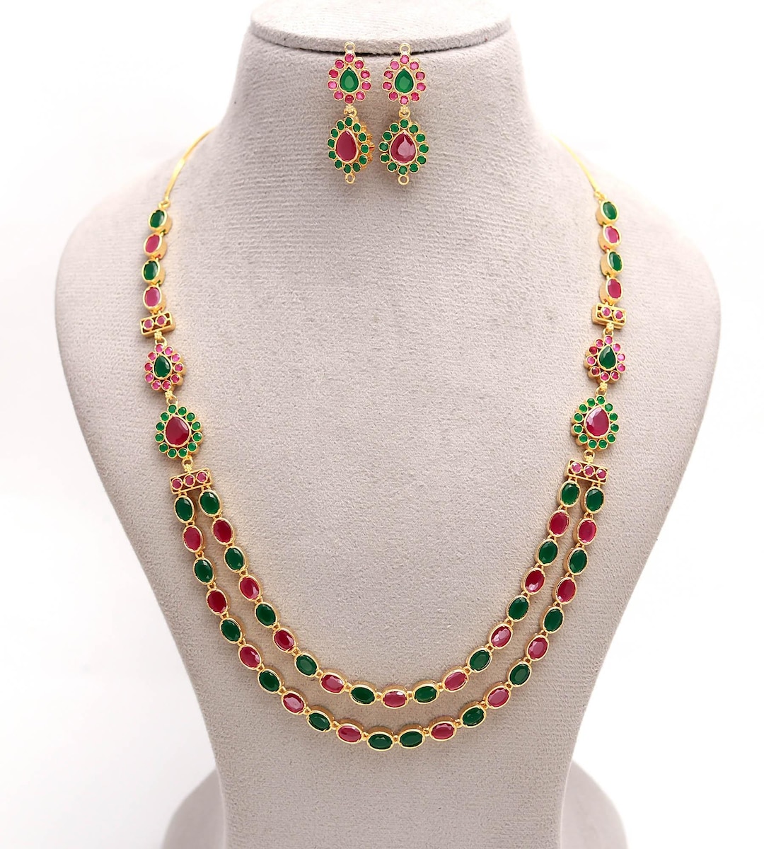 22K Gold Plated Multi Gemstone Necklace Set | Green & Pink Stone Long ...