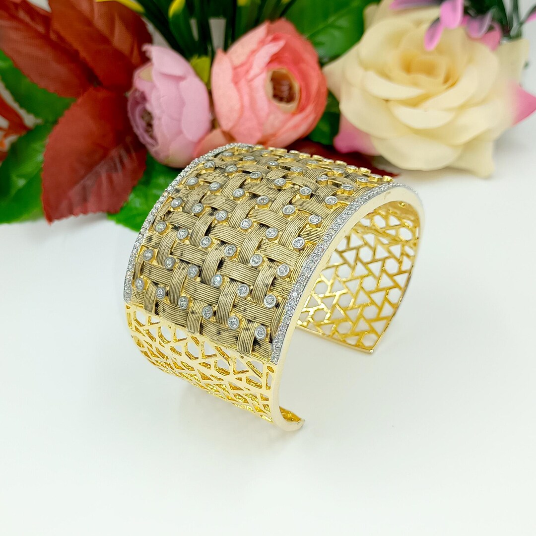 22K Gold Plated CZ Diamond Cuff Bangle Adjustable Size | Heavy Brass ...